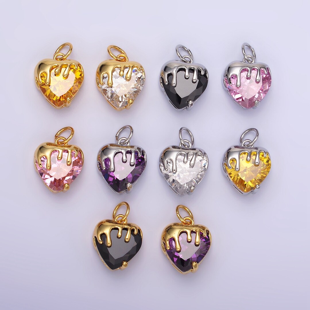 14K Gold Filled Clear, Pink, Purple, Yellow. Black Heart CZ Molten Drip ...