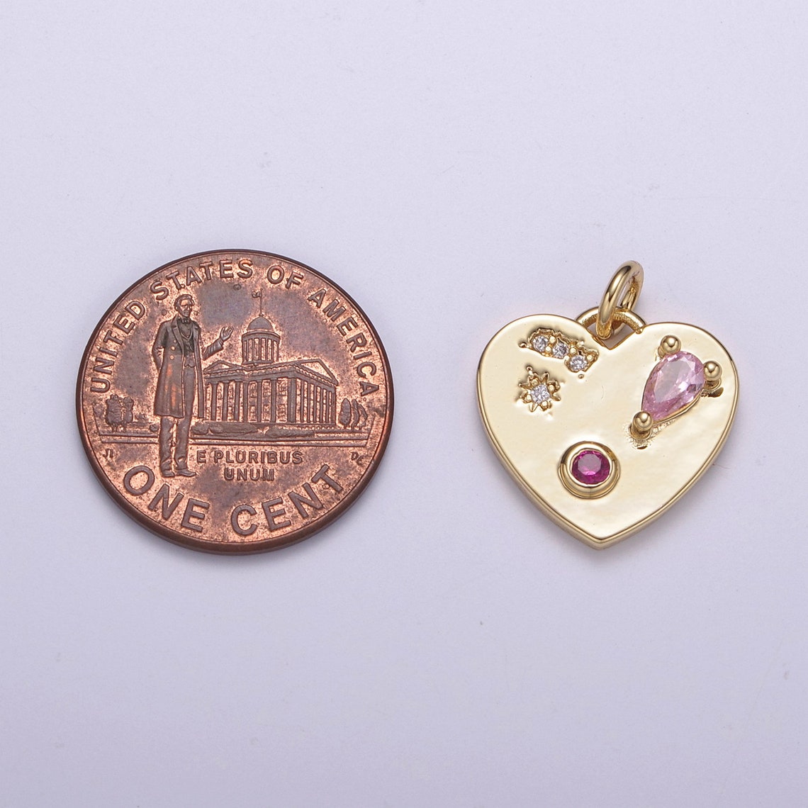 Gold Micro Pave Heart Charm Medallion Charm Pink CZ Charm for | Etsy