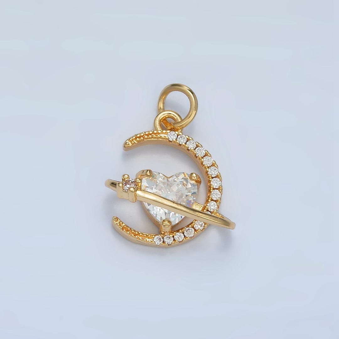 Micro Paved Cz Crescent Moon With Heart Gold Filled Celestial Charm | E ...