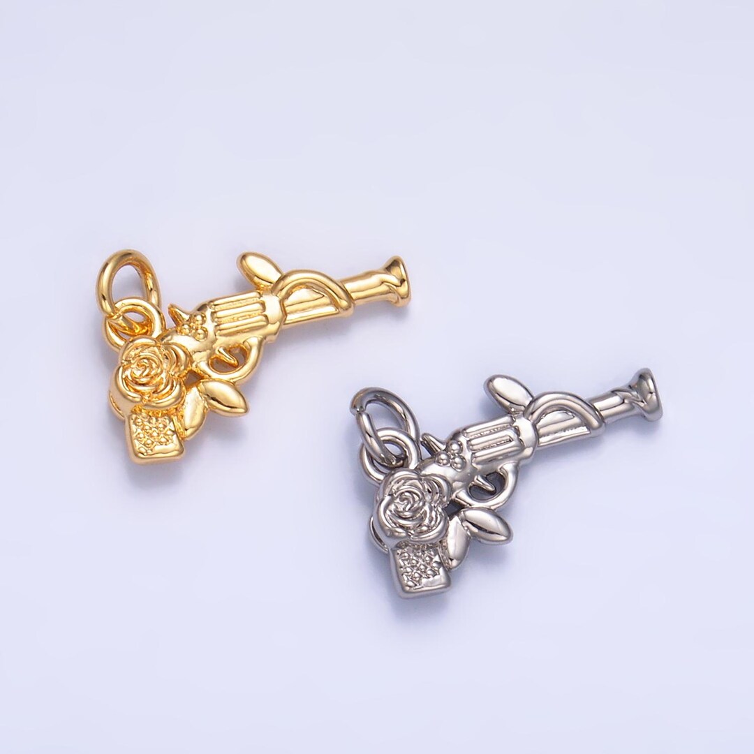 Gold Pistol Charms 24K Gold Filled Gun and Rose Charm Pendant Gun Charm ...
