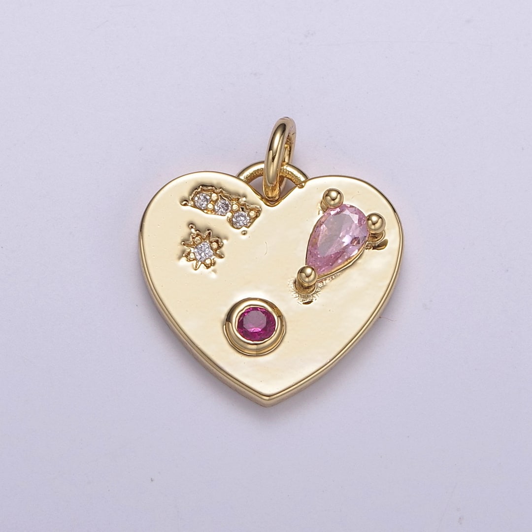 Gold Micro Pave Heart Charm Medallion Charm Pink CZ Charm for - Etsy