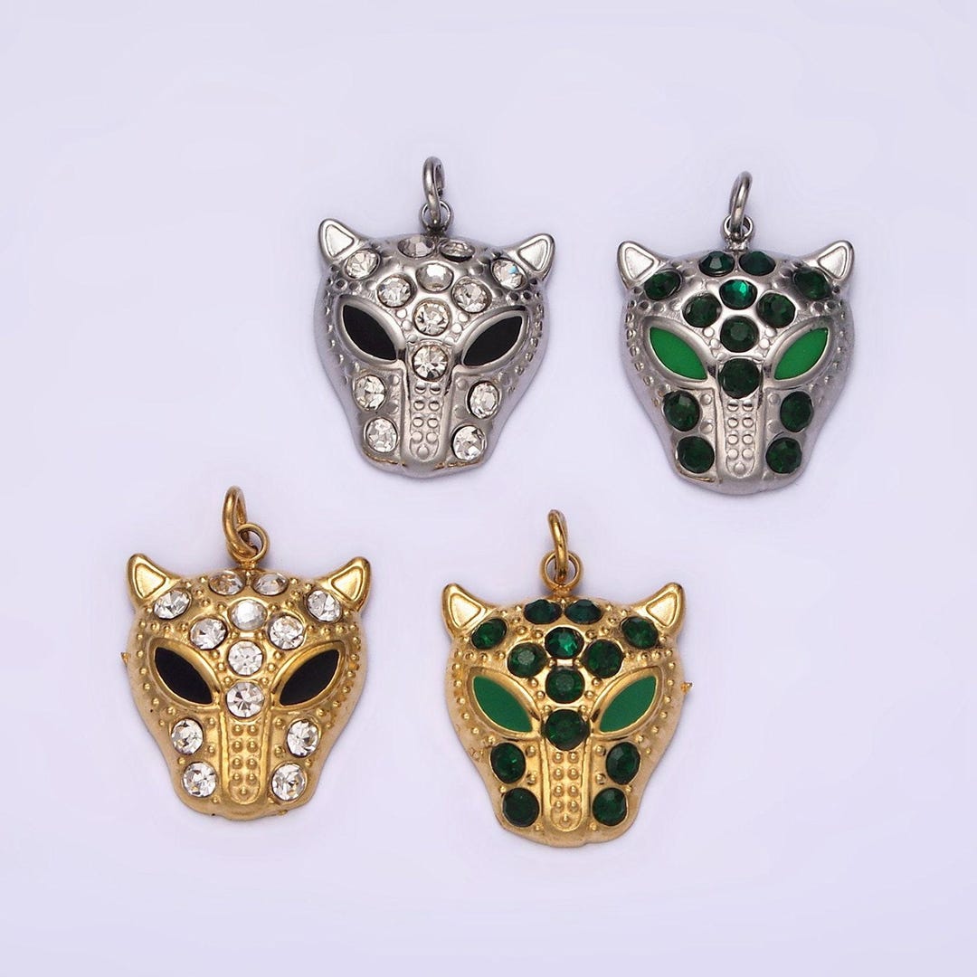 Stainless Steel Green, Black Eyed Panther Animal Cz Dotted Charm in ...