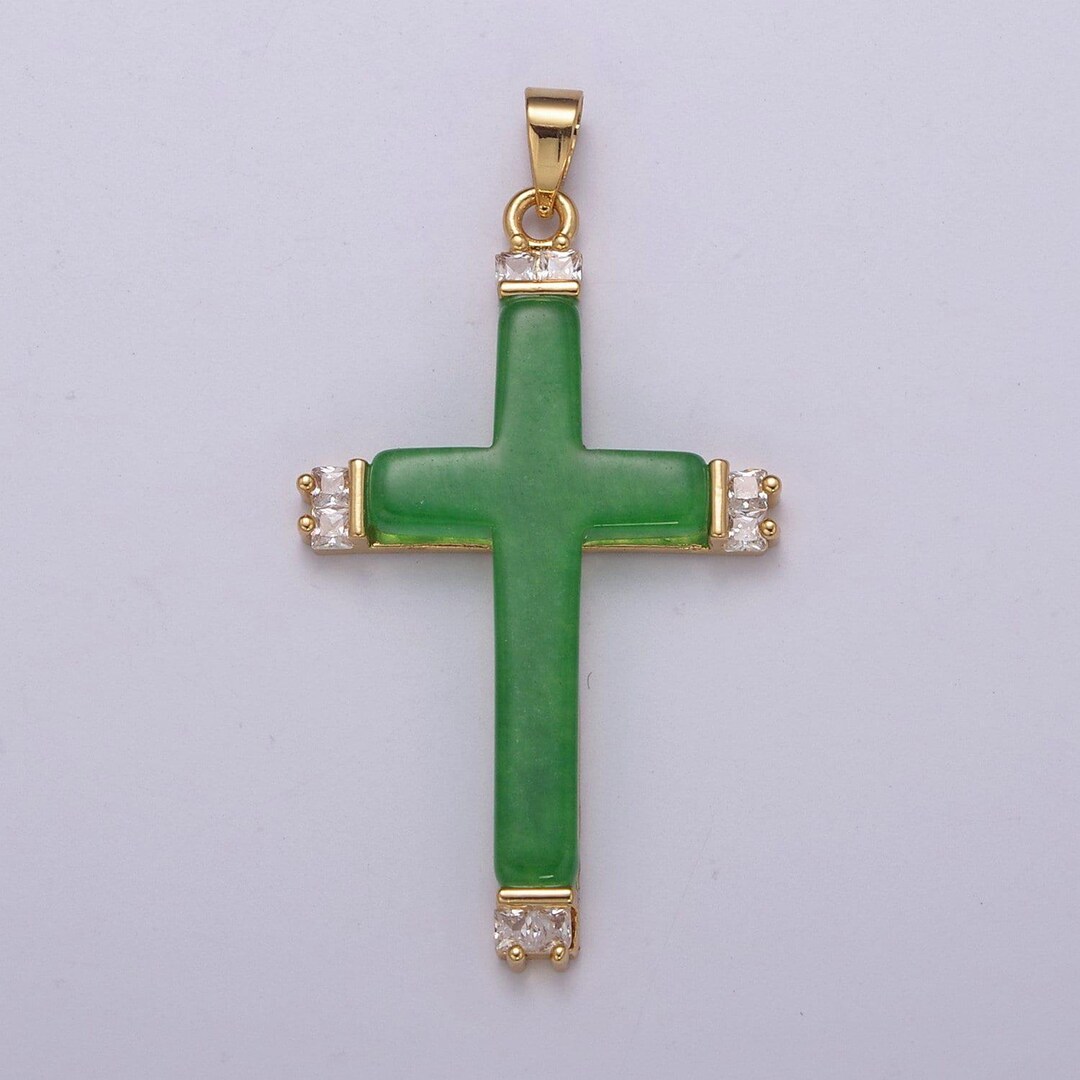 Long Green Jade Cross Pendant for Necklace 24k Gold Filled Cross Ah-345 ...