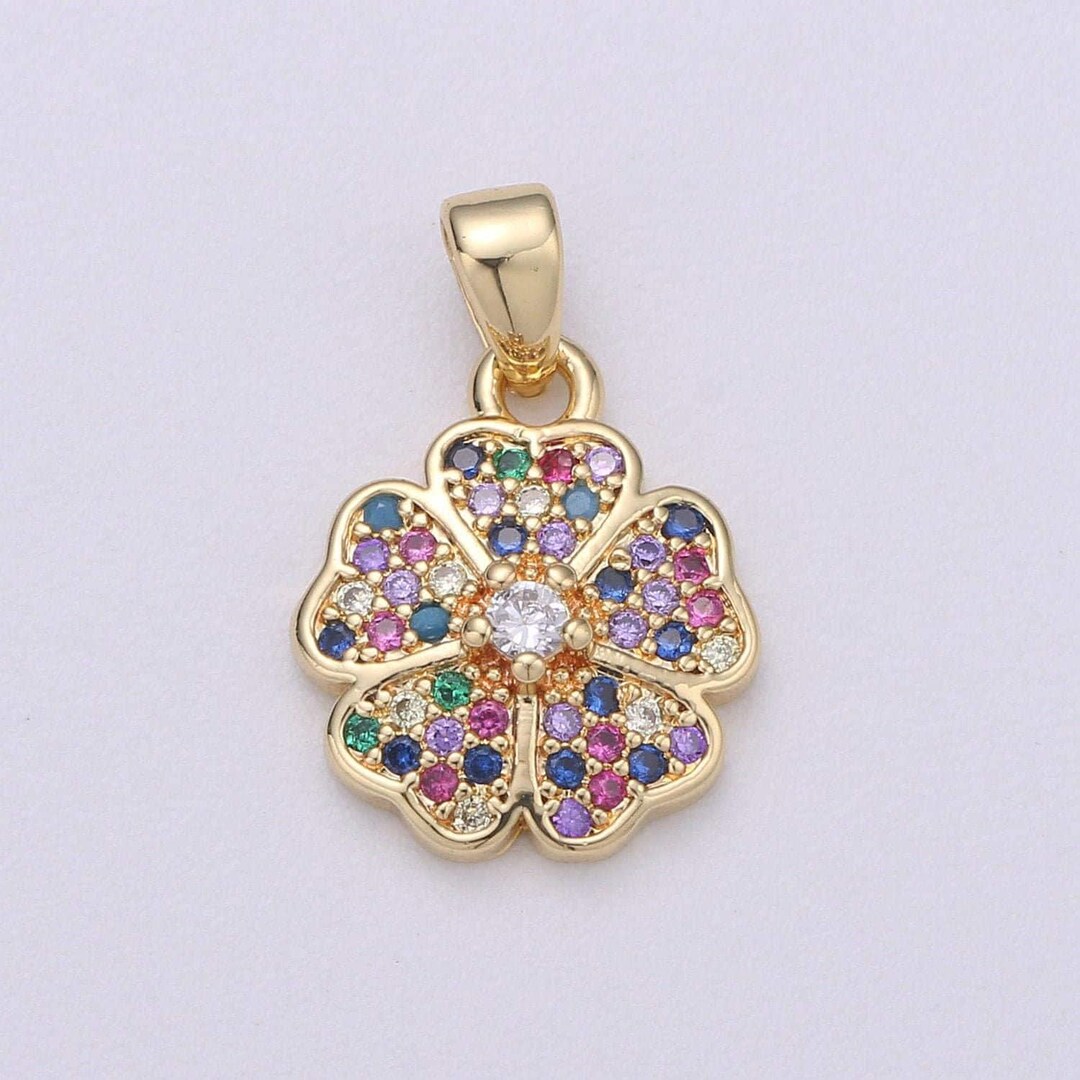 14k Gold Filled Flower Charm Micro Pave Clover Charm, Rainbow Cubic ...