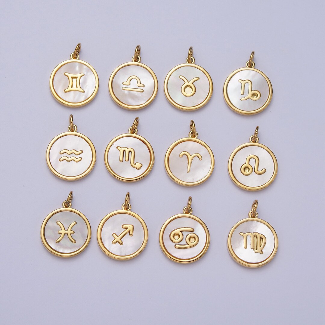 Shell Pearl Gold Zodiac Signs Medallion Pendant, 24K Gold Filled ...