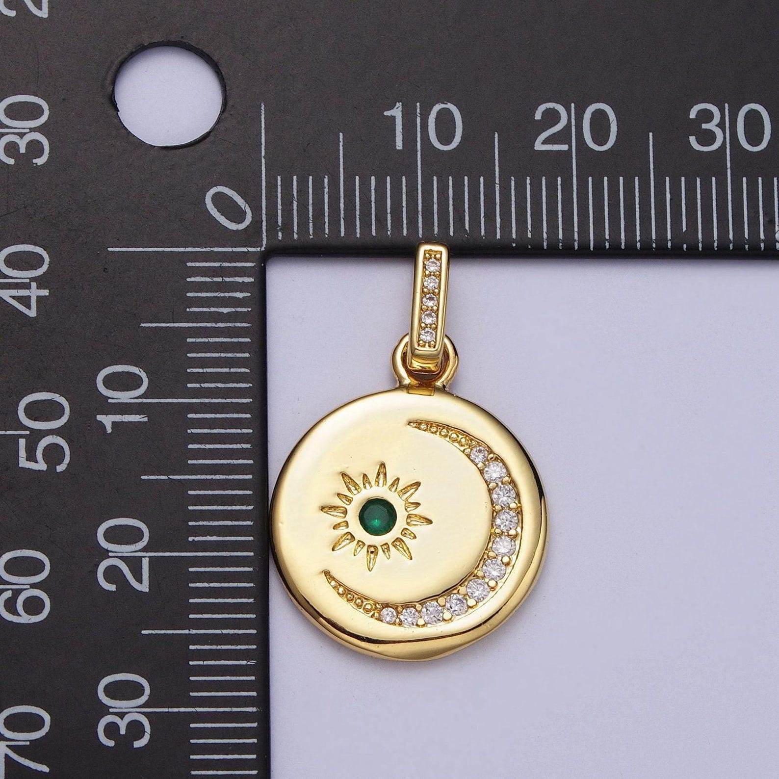 14k Gold Filled Celestial Sun Crescent Moon Round Coin Charm Cubic ...