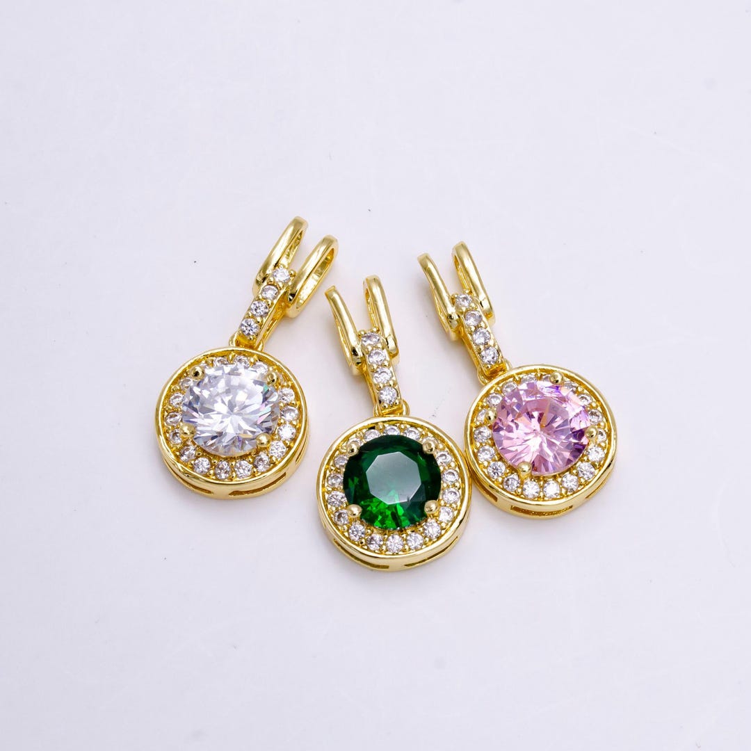 14k Gold Filled Clear, Pink, Green Round Cz Micro Paved Bail Pendant ...