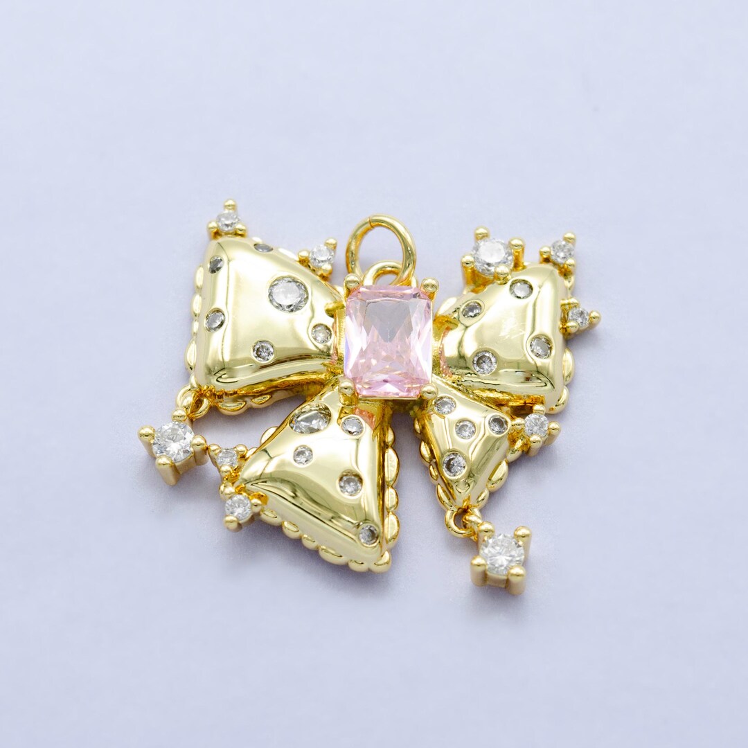 Big Pink 24k Gold Filled Bow Charms Cz Charm Pink Micro Pave Bow Mini ...