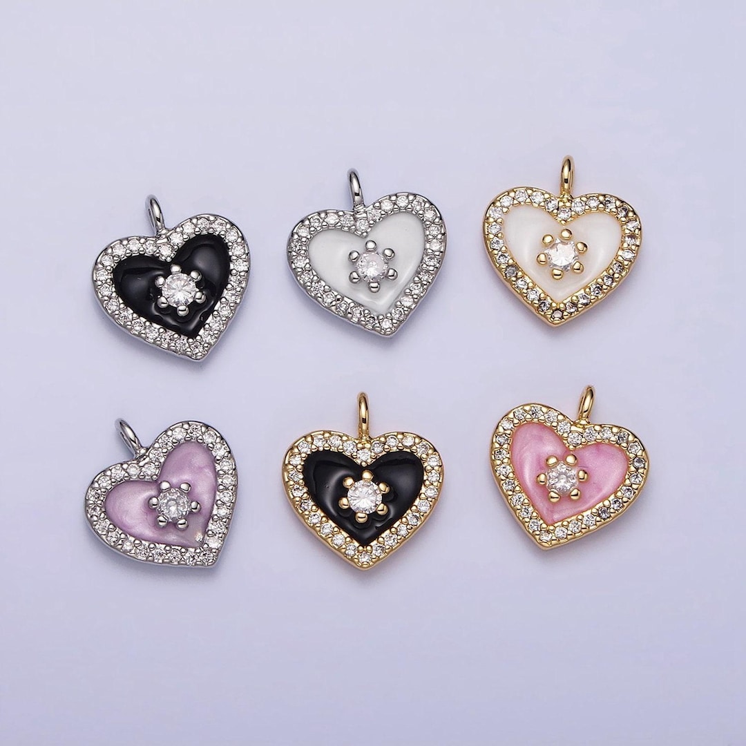 16k Gold Filled White, Black, Pink Enamel Micro Paved Cz Heart Charm in ...