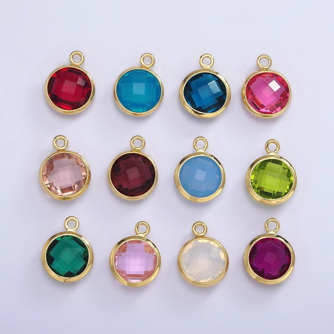 9mm Round Birthstone Cubic Zirconia Circle Gold Charm Add on Component ...