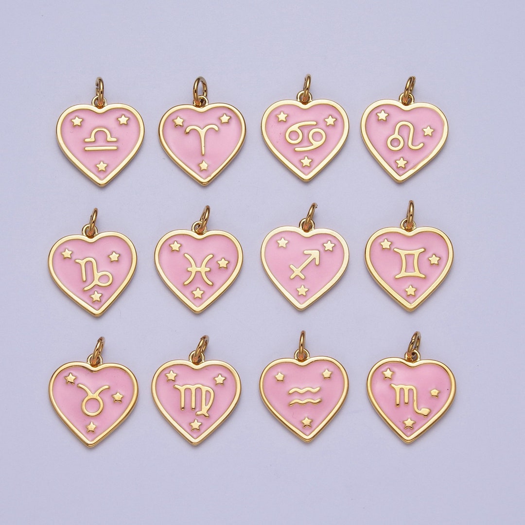 Dainty 24K Gold Baby Pink Enamel Stars Heart-shaped Zodiac Charms ...