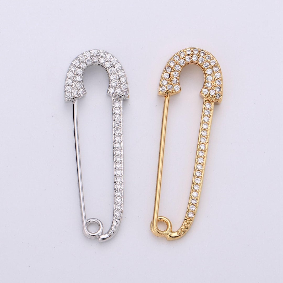 1x Safety Pin Clasp Gold Filled Cz Diamond Clear Micro Pave Chain Link ...