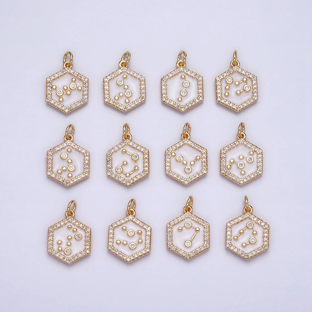 16k Gold Filled Hexagon White Enamel Star Constellation Charm Dainty ...
