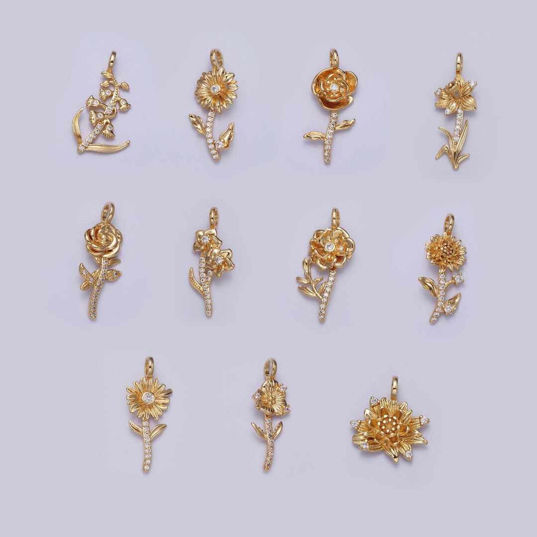 Gold Birth Flower Charm, Dainty Floral Charm, Rose Carnation Violet ...