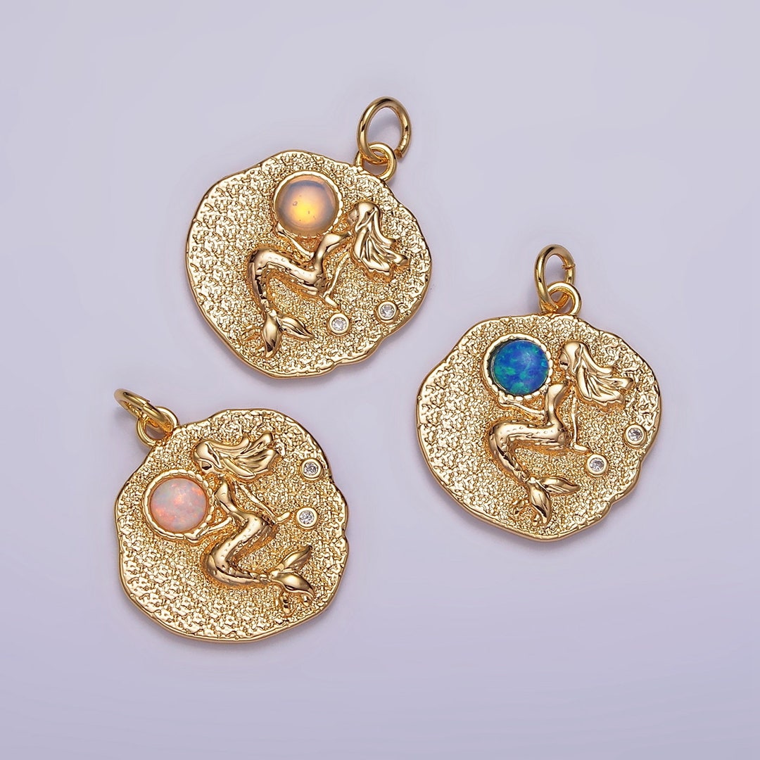 18K Gold Filled 19 Mm Gemstone Mermaid Fish Stamped Round Charm N1687 ...
