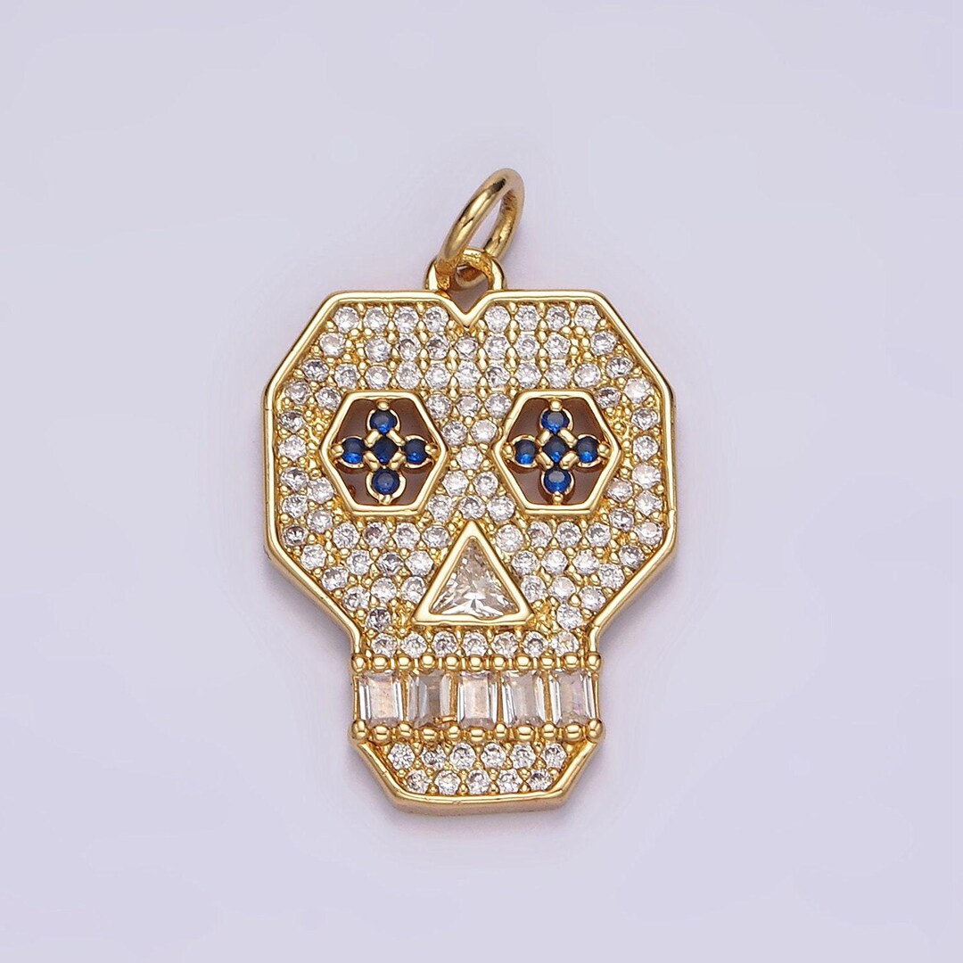 14k Gold Filled Blue-eyed Skeleton Skull Clear Micro Paved Cz Charm ...
