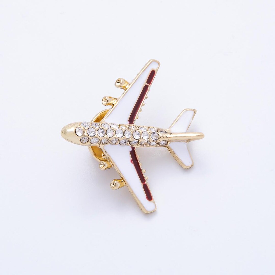Gold Rhinestone White Enamel Airplane Travel Pin Brooch Crystal ...