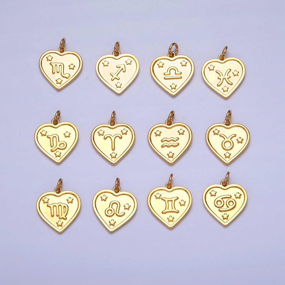 Small Heart-shaped Zodiac Charms 24k Gold-filled Astrological Zodiac ...