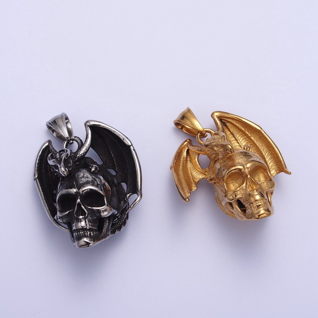 3D Silver Dragon on Skull Skeleton Stainless Steel Pendant in Gold ...