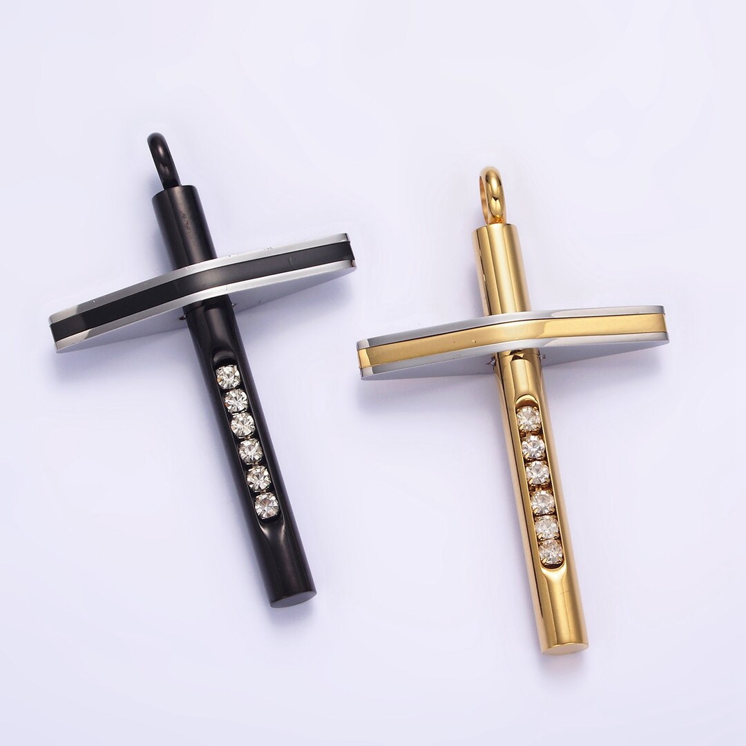 Stainless Steel Cross Pendant Two Tone Color Mixed Metal Cross Clear CZ ...