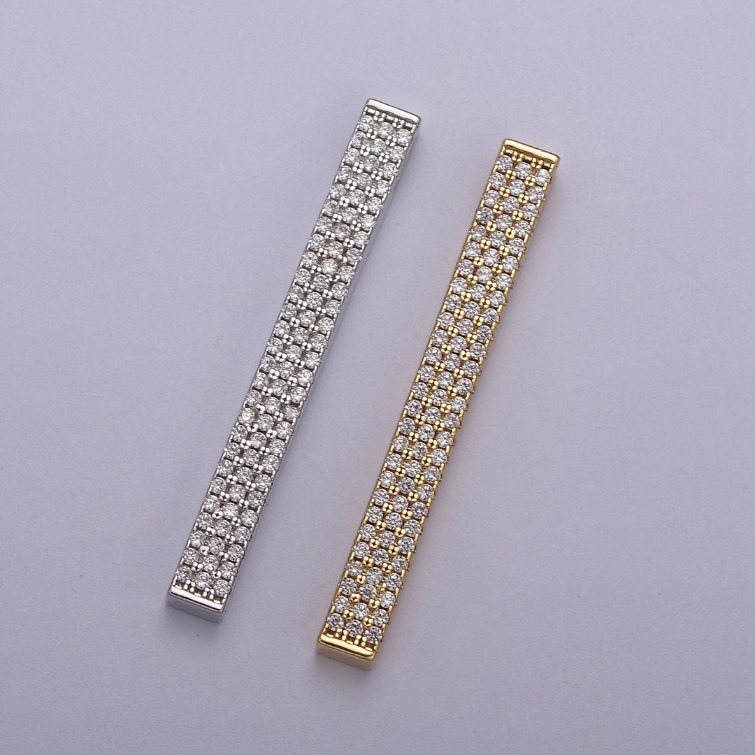 Silver Vertical Bar Charm Gold Micro Pave CZ Bar Pendant for Minimalist ...