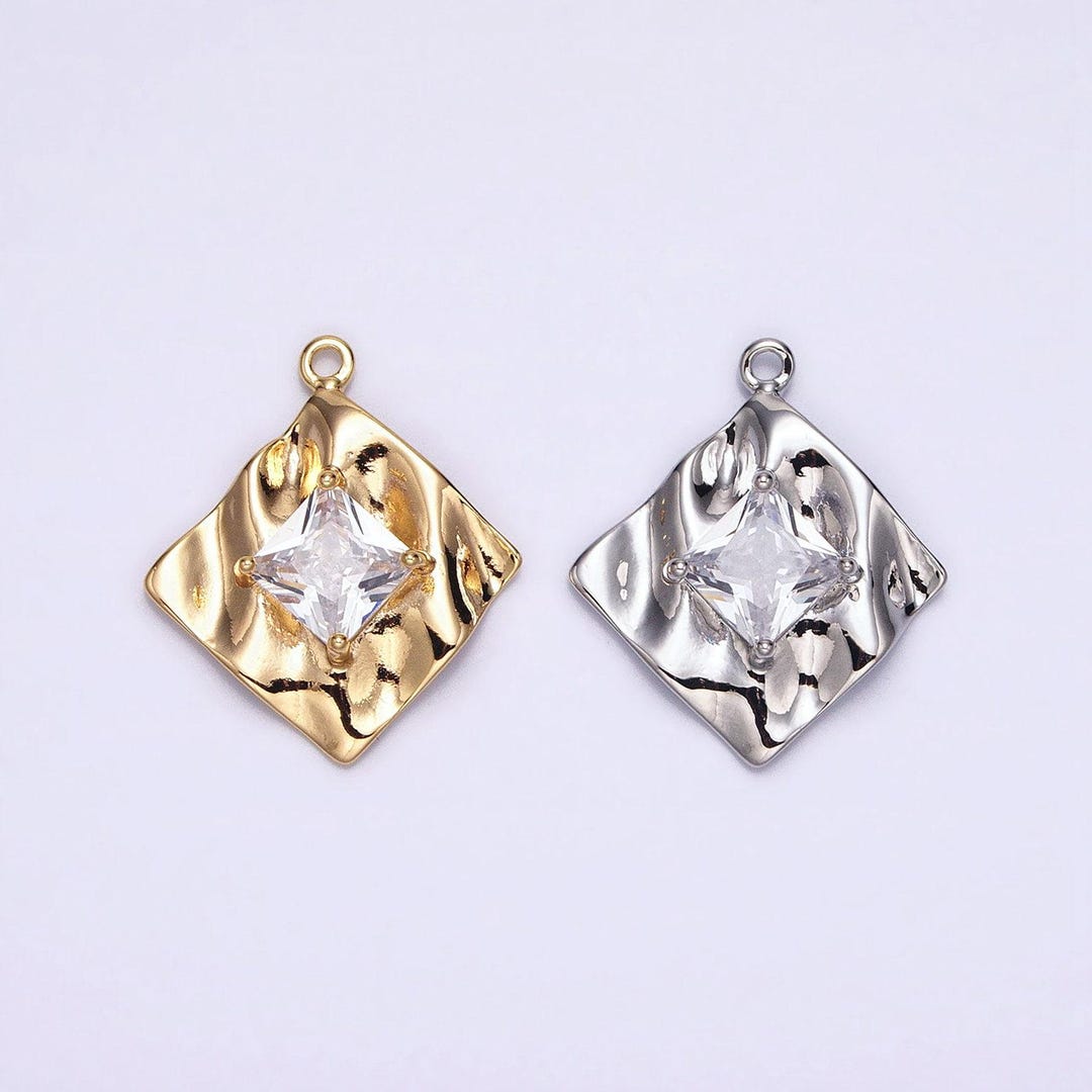 16k Gold Filled Clear Diamond Cz Rhombus Hammered Abstract Geometric ...