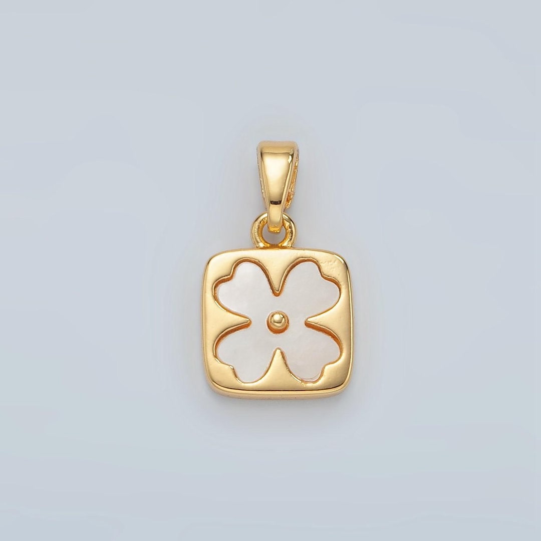 Gold Pearly White Four Leaf Lucky Charm Flower Square Charm, 24k Gold ...