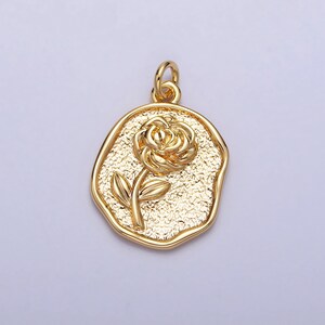 Dainty Gold Rose Charm Flower Rustic Coin Frame Shape Pendant Floral ...