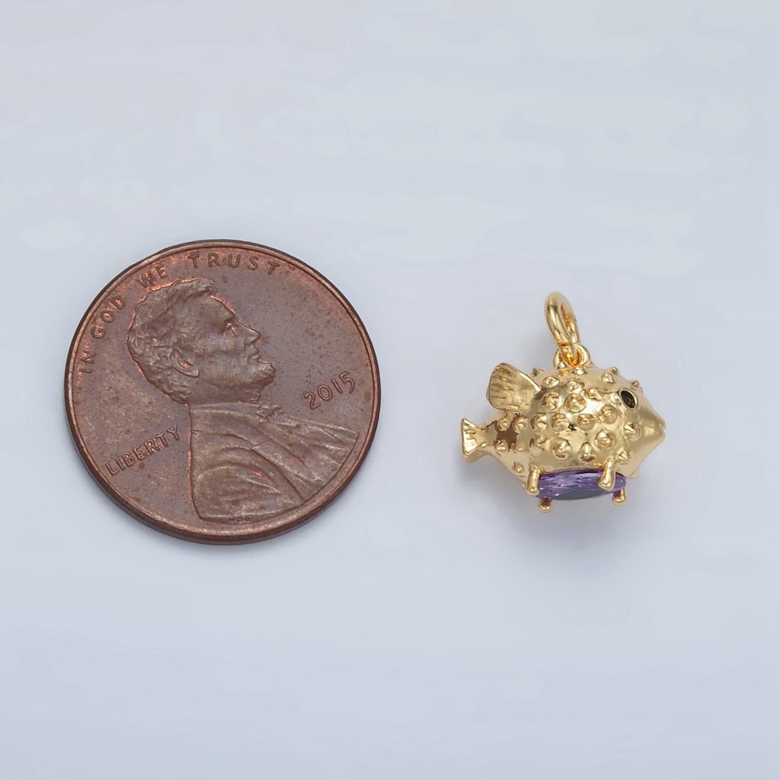 24k Gold Filled 10mm Puffer Gold Fish Charm With Purple Cz Stone Under ...