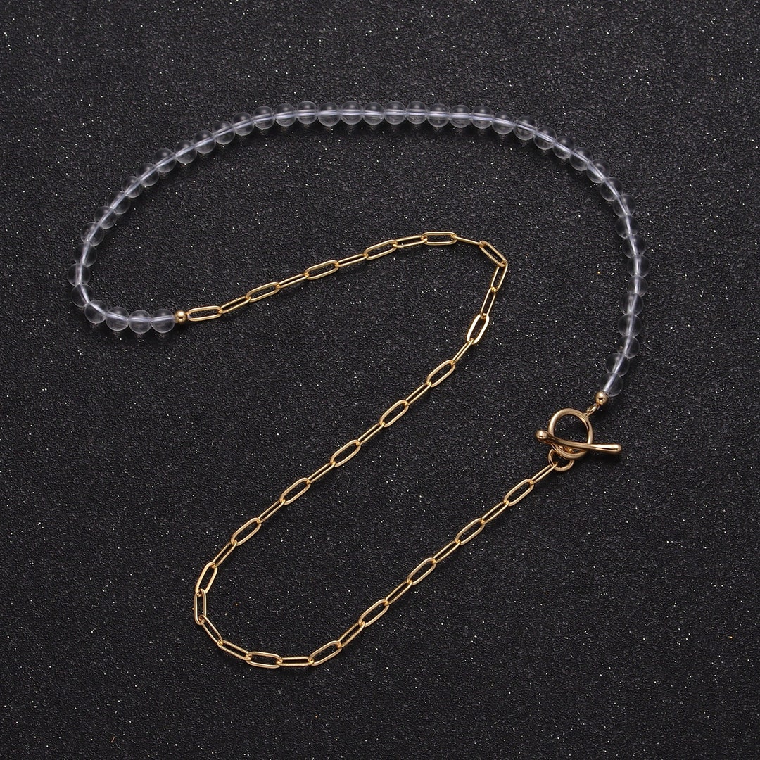 Dainty Half Bead Half Link Chain Necklace, 24k Gold Filled Paperclip ...