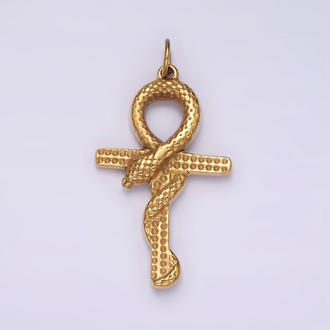 Tarnish Free Gold Stainless Steel Scaled Snake Serpent Ankh Egyptian ...