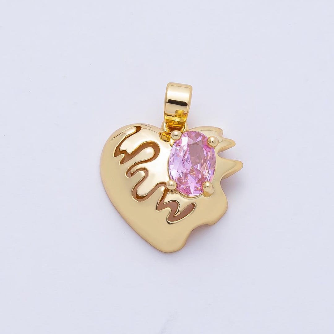 18K Gold Filled 15mm Pulse Heartbeat With Pink Oval CZ Heart Pendant ...