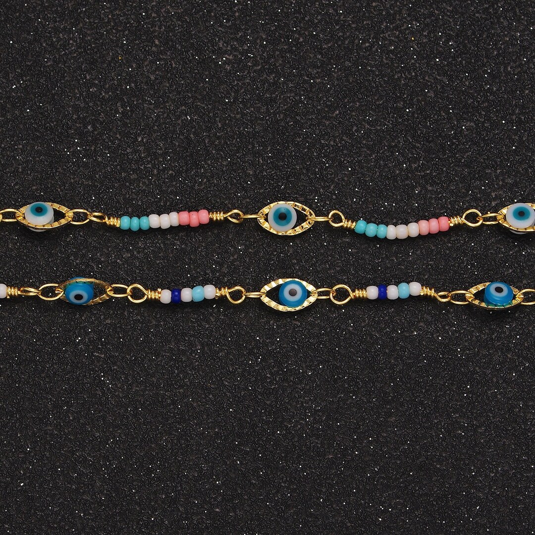 Dainty Evil Eye Chain Marque Shape Bead Enamel Chain by Yard Colorful ...