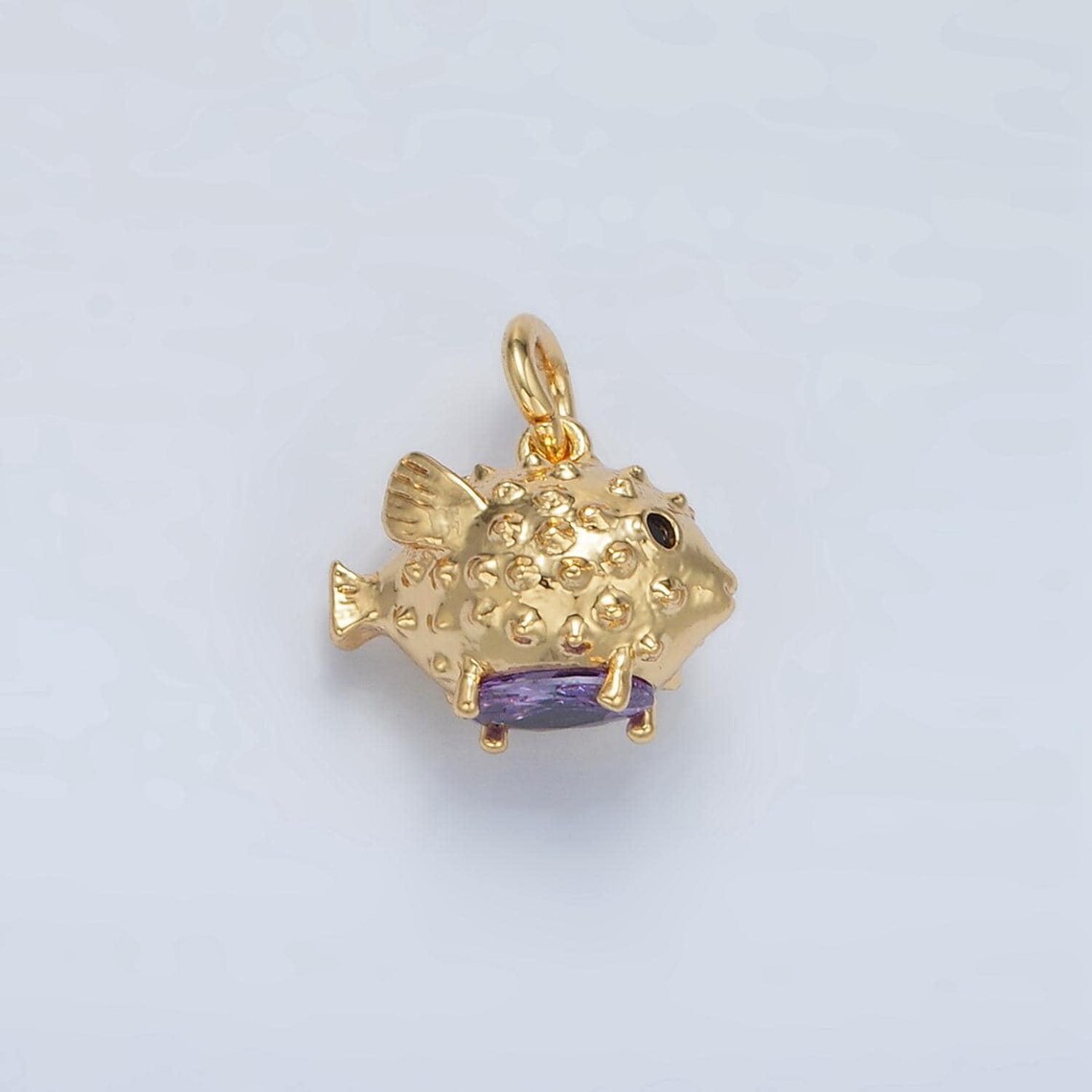 24k Gold Filled 10mm Puffer Gold Fish Charm With Purple Cz Stone Under ...