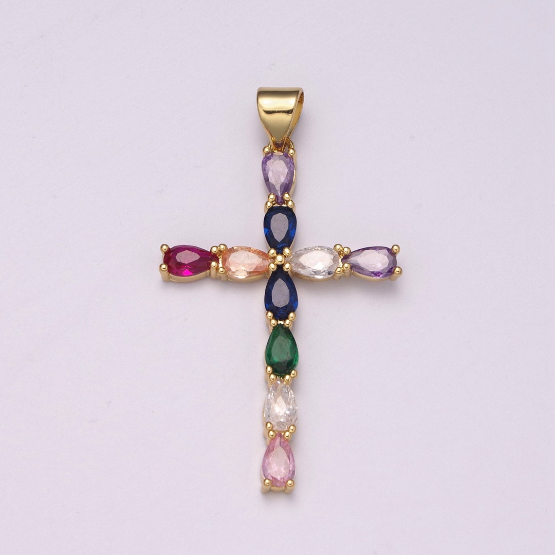 24K Gold Filled Cross Charm Colorful Cz Pendant for Necklace Earring ...