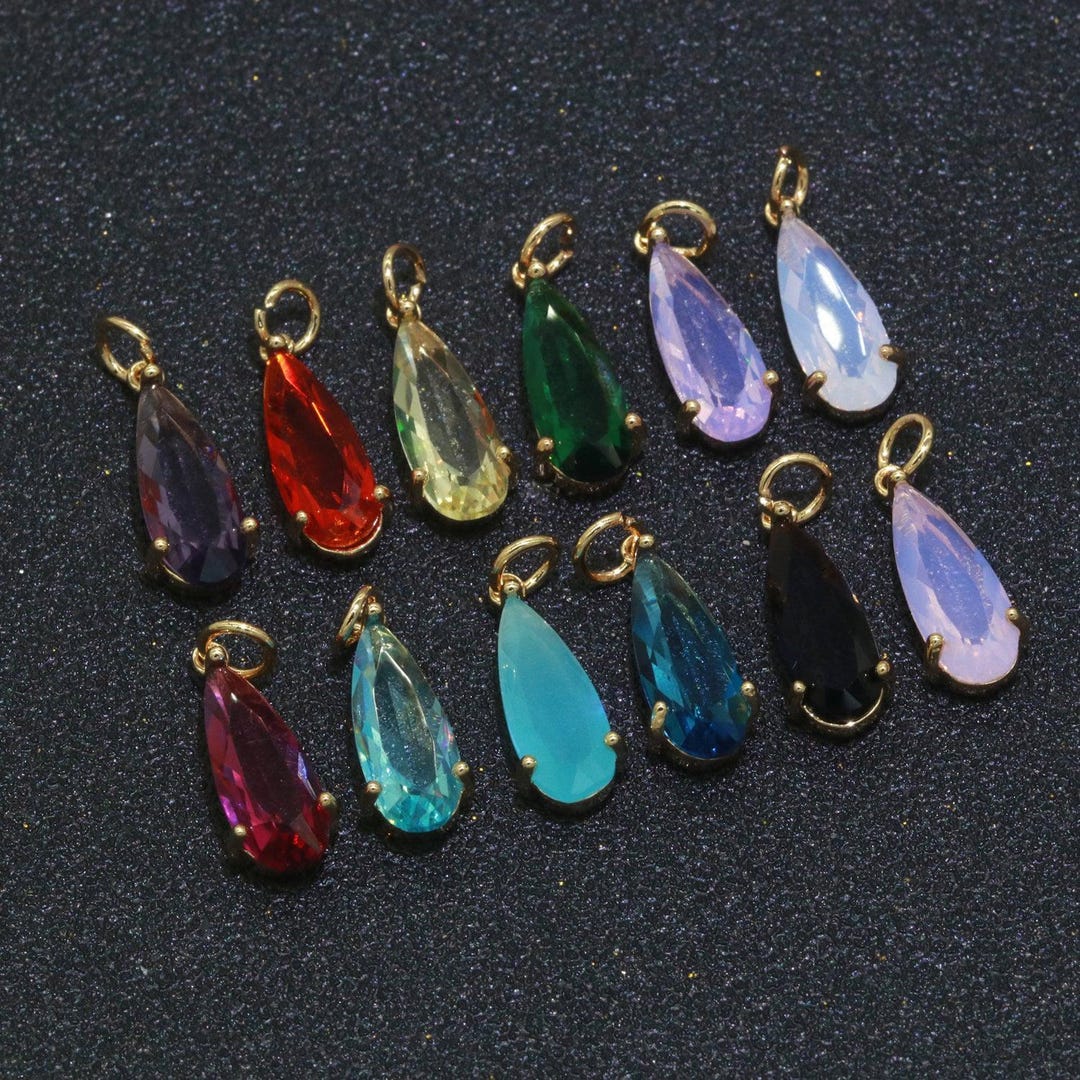 24k Gold Dainty Multicolor Zirconia Stone Tear Drop Charm Cubic Colored ...