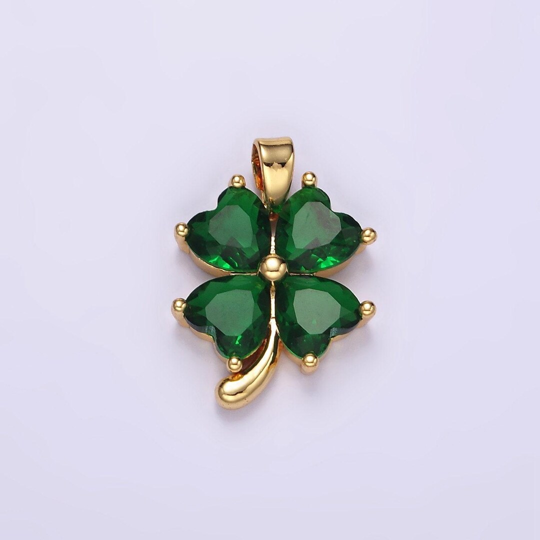 Gold Cz Dark Green Four-leaf Clover Pendant, 14k Gold Filled Clover ...