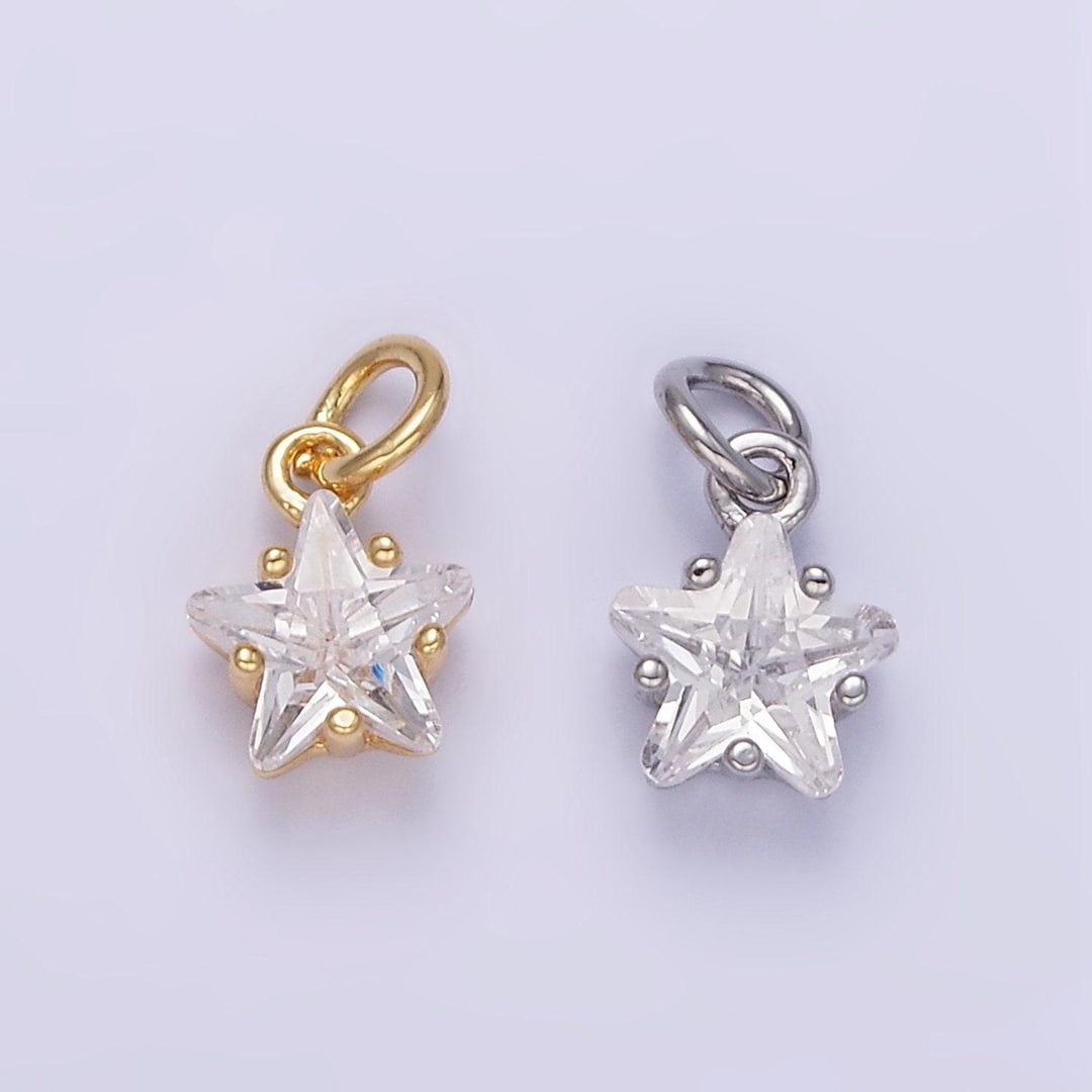 Mini Star Charm Gold Cz Star Charm, Clear Cubic Silver Star Charms Cz ...