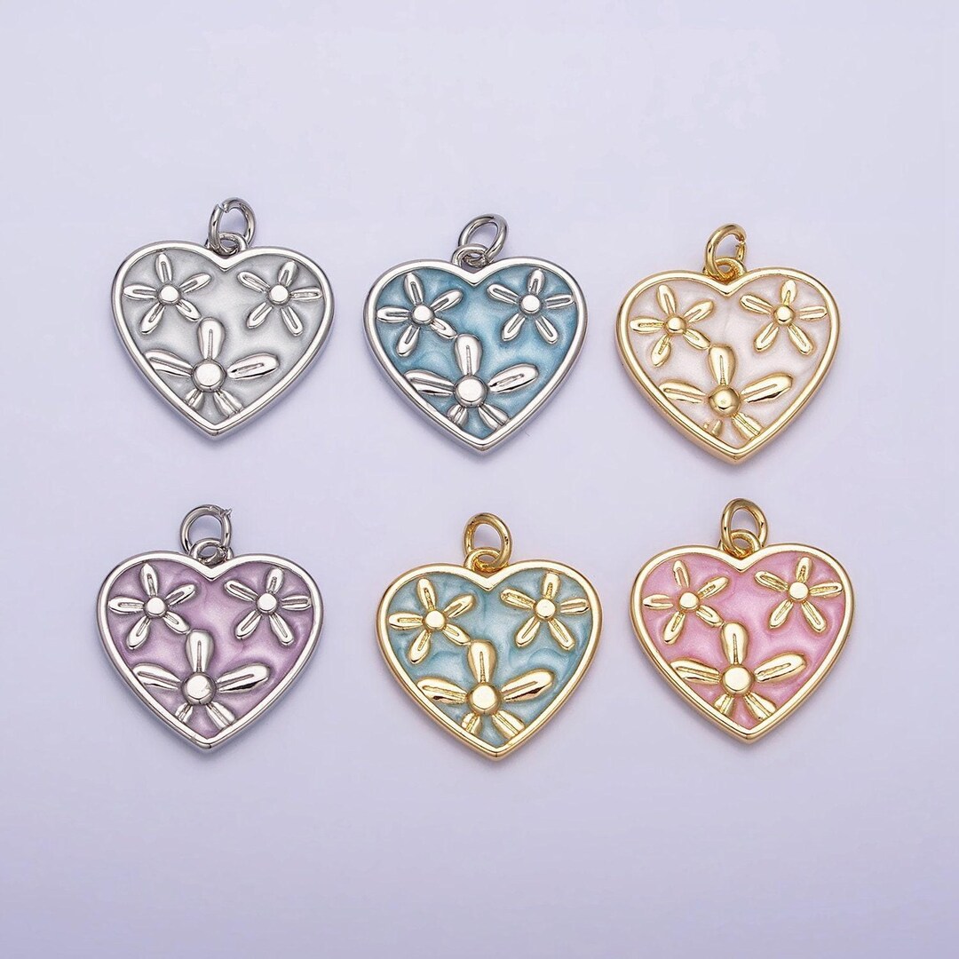 Dainty Cute Daisy Flower Enamel 16k Gold Filled Heart Pendant Floral ...