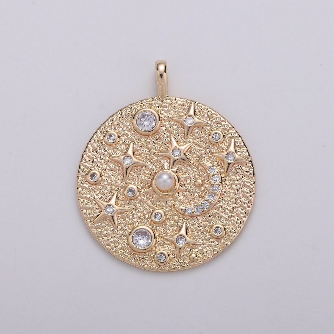 Pearl and Micro Pave CZ Planet in the Universe Round Pendant 14K Gold ...