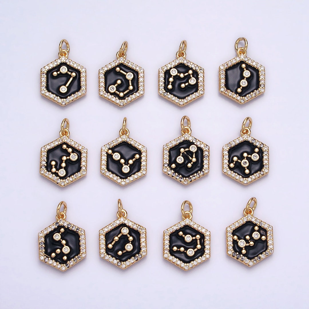 16k Gold Filled Hexagon Enamel Star Constellation Charm Dainty Zodiac ...