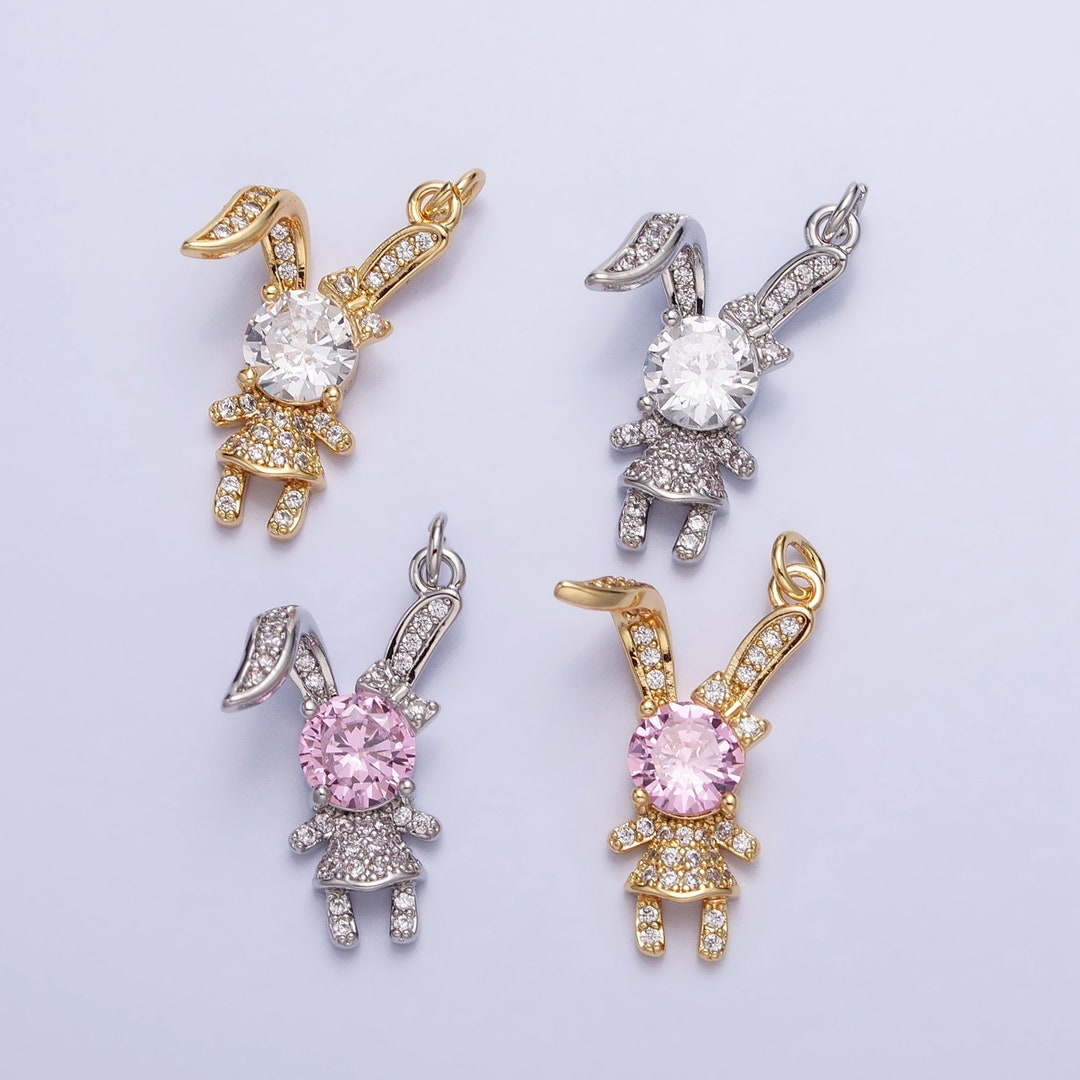 Cute Rabbit Charm Gold Cubic Bunny Charm Clear Pink CZ Kawaii Jewelry ...