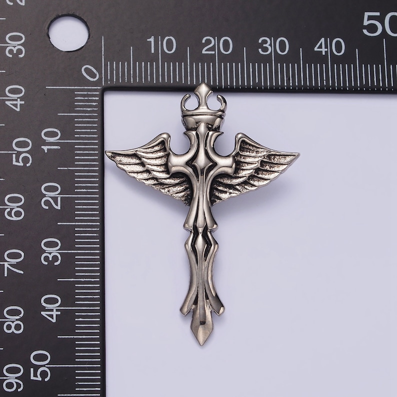 Stainless Steel 46.5mm Artisan Fleury Cross Crown Feather Wings Pendant ...