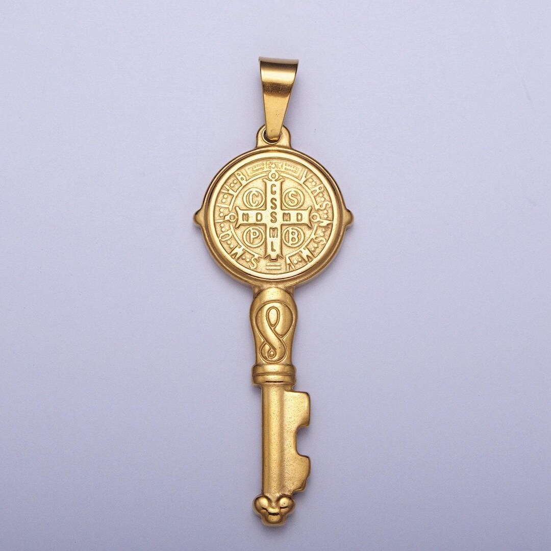 Double-sided Gold St. Benedict Key Pendant, 24k Gold Filled Stainless ...