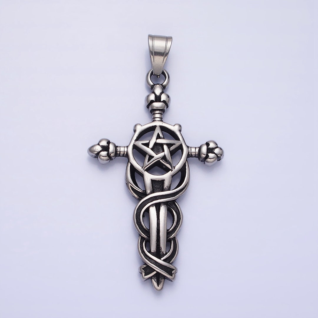 Stainless Steel Sword Charm Men Cross Pendant in Silver Gold Statement ...