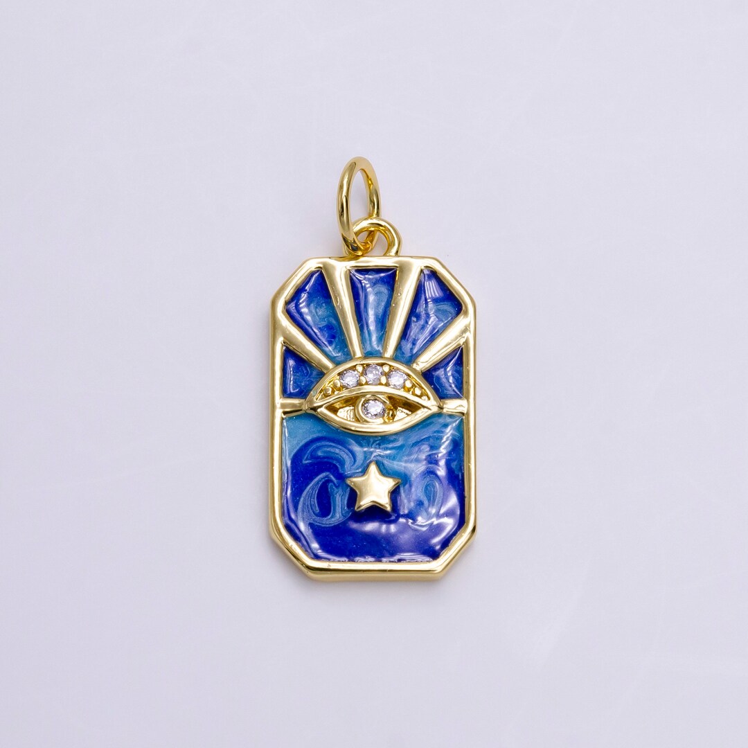 14K Gold Filled Evil Eye Star Bar Ray Blue Swirl Enamel Tag Charm ...