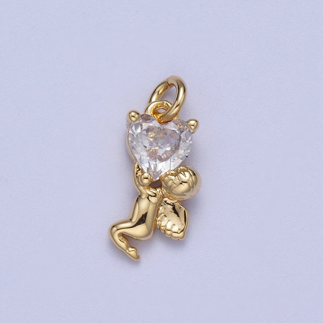 Mini Gold Cherub Pendant Little Angel Necklace Charm Heart Cubic Cz ...