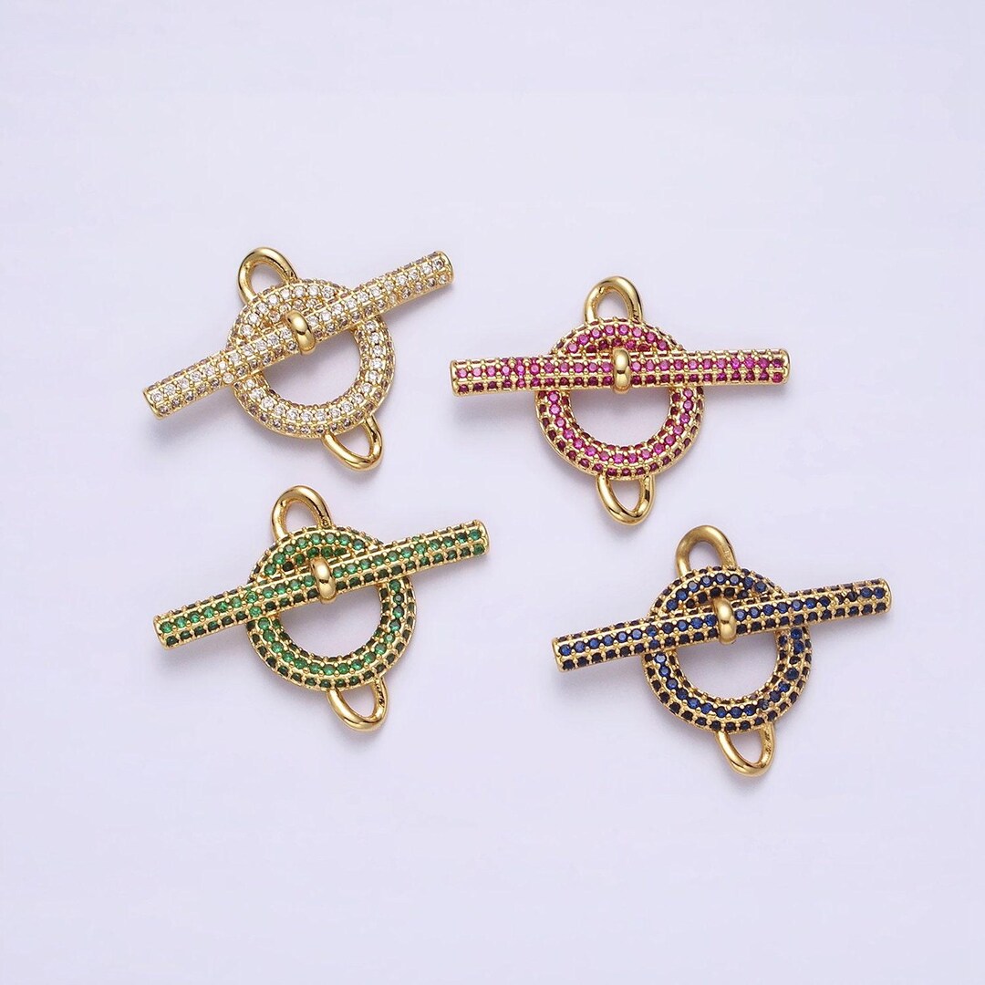 Round Circular Toggle Clasp Connector, 14k Gold Plated Green Micro Pave ...