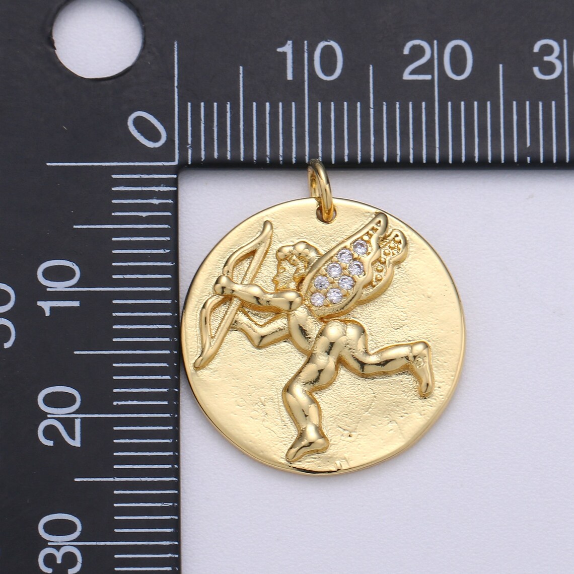 14K Gold Cupid Charm- Medallion Cupid Pendant - Dainty Micro Pave Charm ...