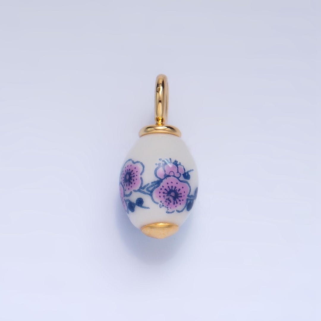 Dainty Oval Ceramic Charm Handmade Purple Flower Painting Ceramic ...